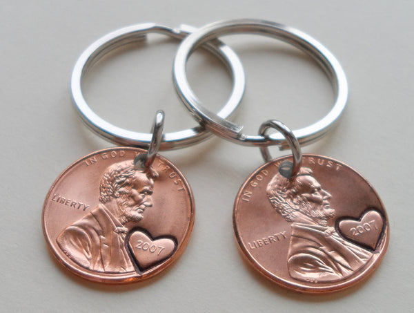 Double Keychain Set 2007 Penny Keychains with Heart Around Year ...