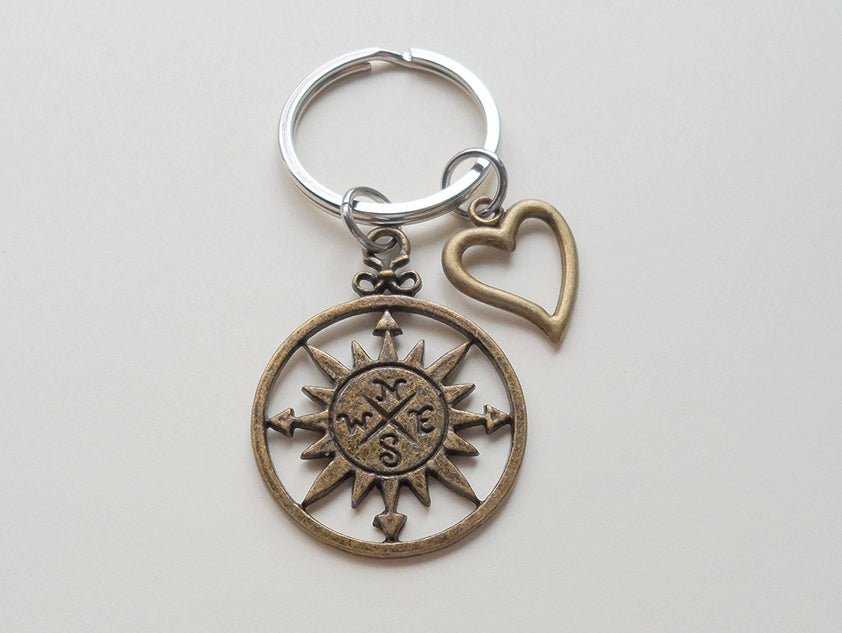 Bronze Sun Compass Keychain with Heart Charm - I'd Be Lost Without You ...