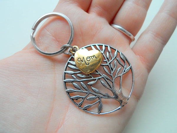 Golden Mom Heart and Tree Charm Keychain, Mom Heart of Gold Keychain ...
