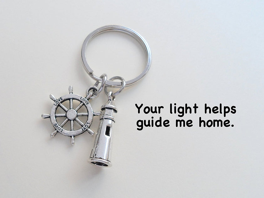 Lighthouse Keychain With Ships Helm - "Your Light Helps Guide Me Home ...