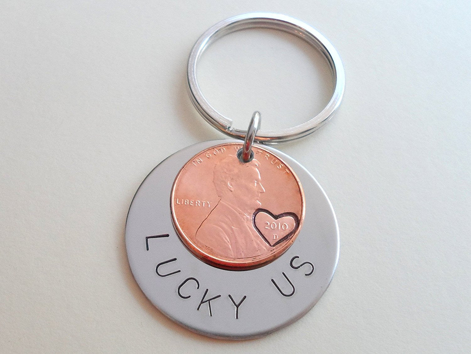 Steel Disc Keychain Layered with 2010 Penny with Heart Around Year and ...