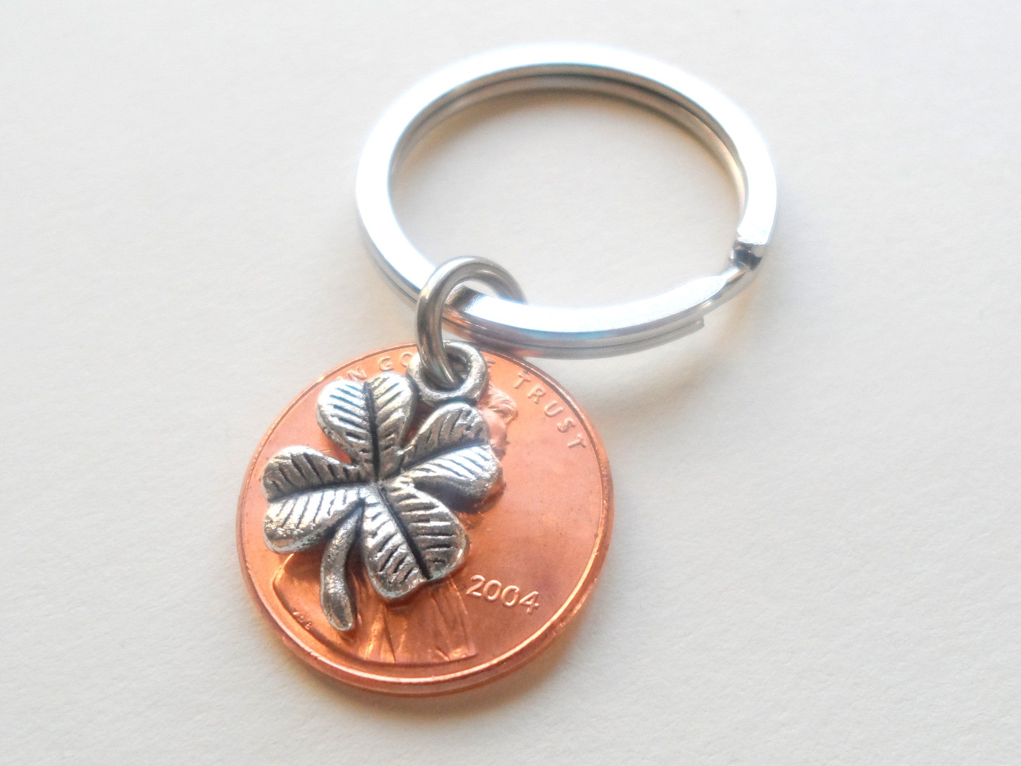 Clover Charm Layered Over 2004 Penny Keychain 18 Year Anniversary Bday ...