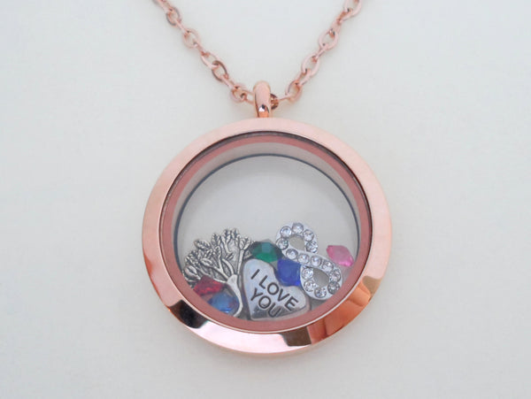 Personalized Rose Gold Circle Locket Necklace w/ Charms & Birthstones ...